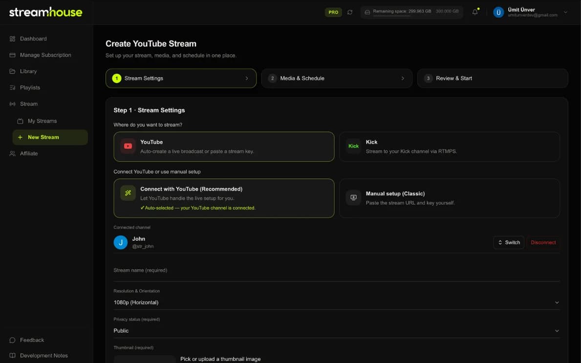 StreamHouse — 24/7 YouTube Live Stream with Pre-Recorded Videos